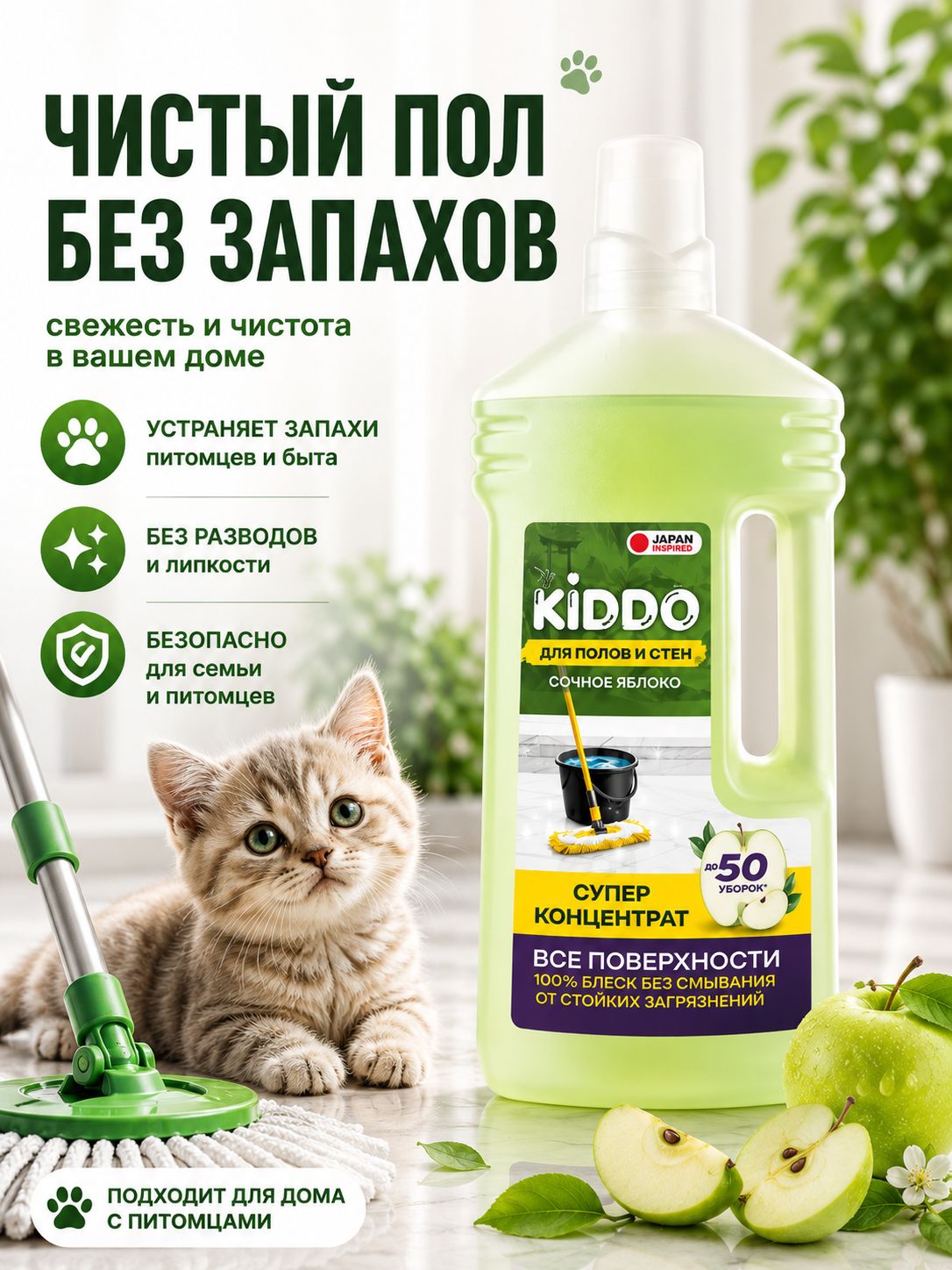 Средство, моющее для мытья пола и стен KIDDO Яблоко, 1 л