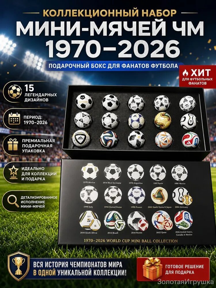 Подарочный набор мини-мячей Чемпионата Мира 1970-2026 (15 шт) Премиальная коробка с золотым тиснением