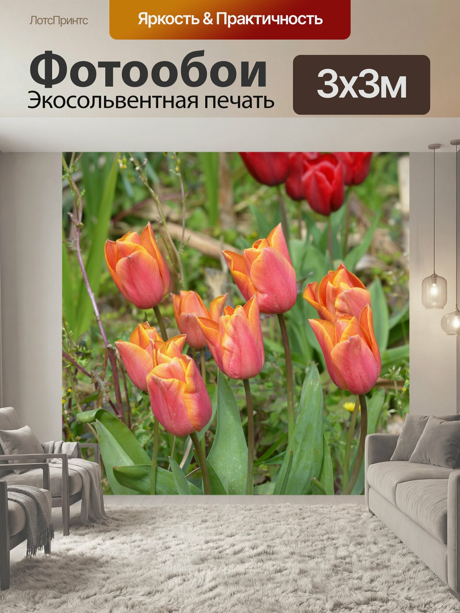 Фотообои "Розовые тюльпаны Группа тюльпанов тюльпаны цветы флора лепестки розовые тюльпаны сад природа ботаника цветущие весенние цветочные растения" 300x300 см. экосольвентная печать