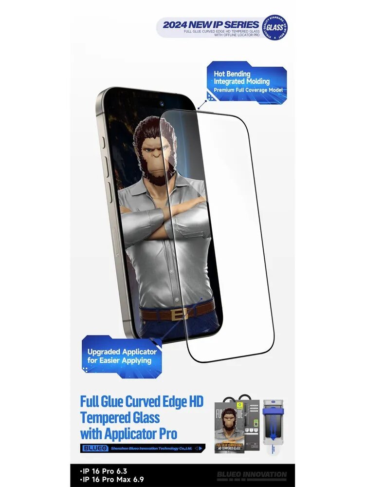 Защитное стекло BlueO 3D Curved Hot Bending на Apple iPhone 16 Pro Max закаленное с загнутыми кромками, с сеточкой на динамике, с аппликатором для установки, прозрачное с черной рамкой