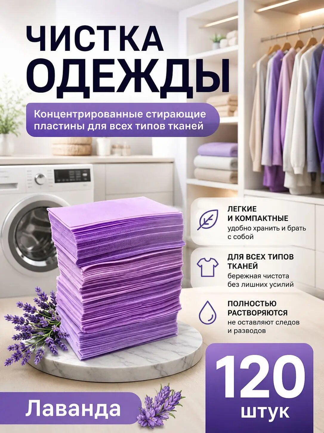 Стиральные пластины для стирки, 120 шт, аромат лаванды, концентрированные, для всех типов тканей, пятновыводитель