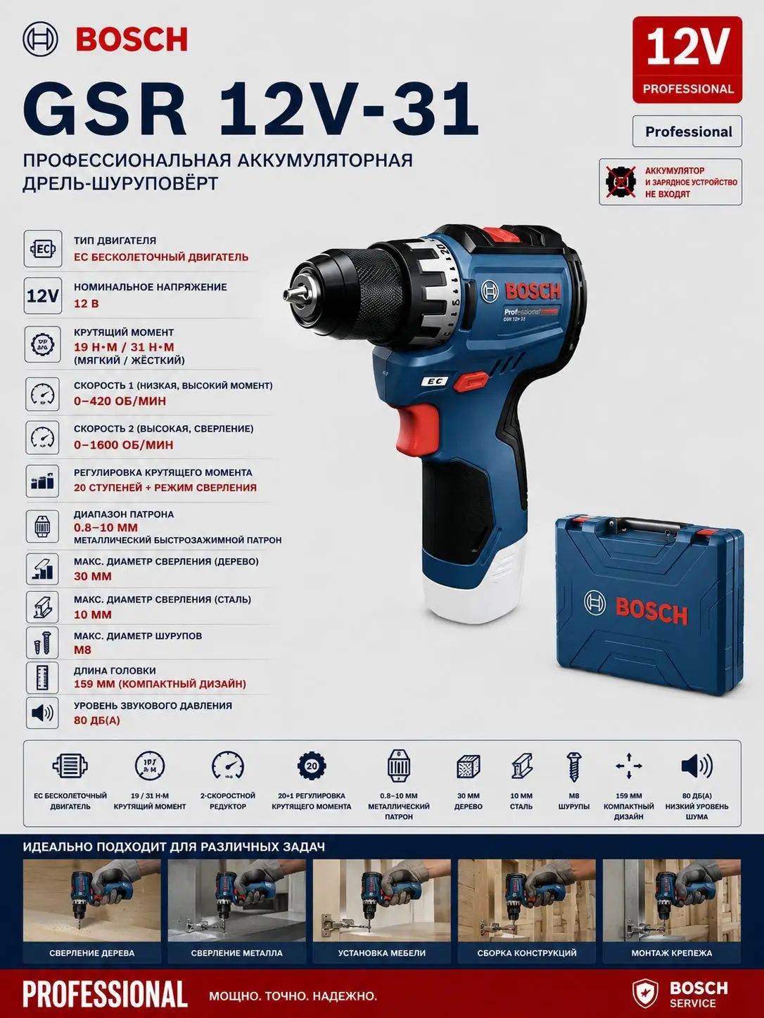 BOSCH Аккумуляторная дрель-шуруповёрт GSR12V-31. Бесщеточный Инструменты.31Nм 1700 об/мин 12V. Ящик для инструментов. Подходит для ремонта, сверления и закручивания крепежа.