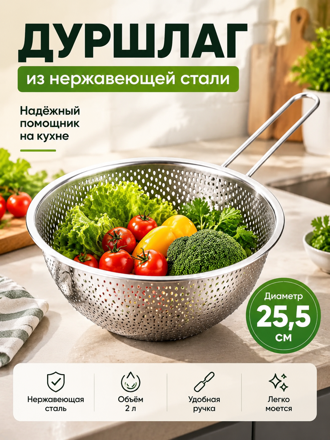 Дуршлаг из нержавеющей стали 25,5 см, 2 л с ручкой