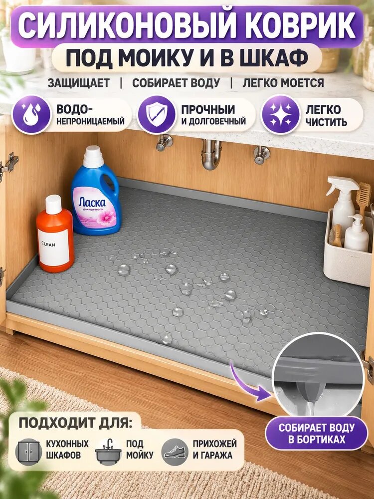 Коврик для раковины 58x44 см 1 шт серый