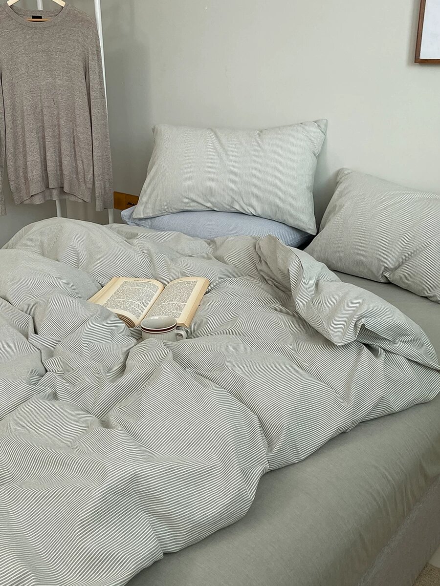 Комплект постельного белья Muji из четырех предметов: простыня на резинке, пододеяльник, наволочки. Новинка, полосатый,