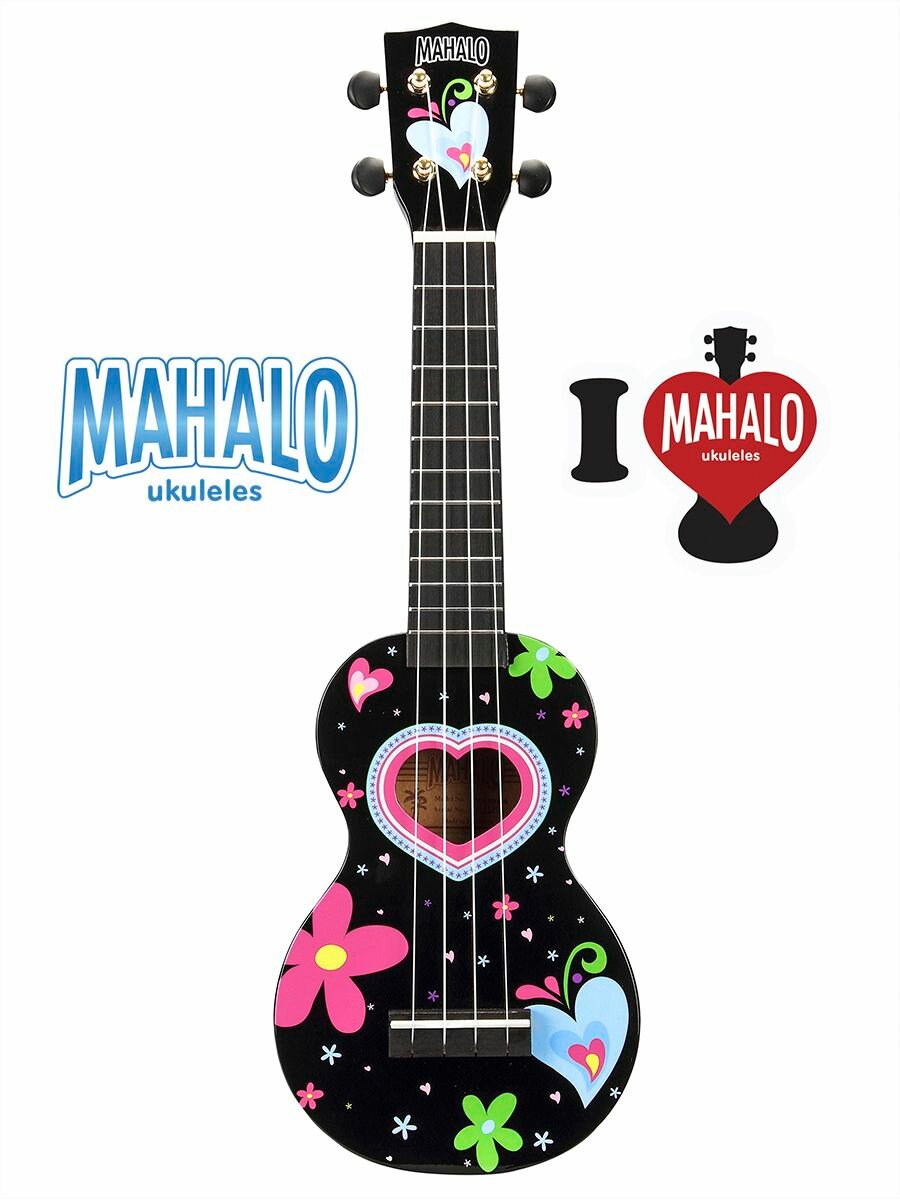 Укулеле сопрано Mahalo MA1HEBK с чехлом, цвет черный, дизайн Сердечки