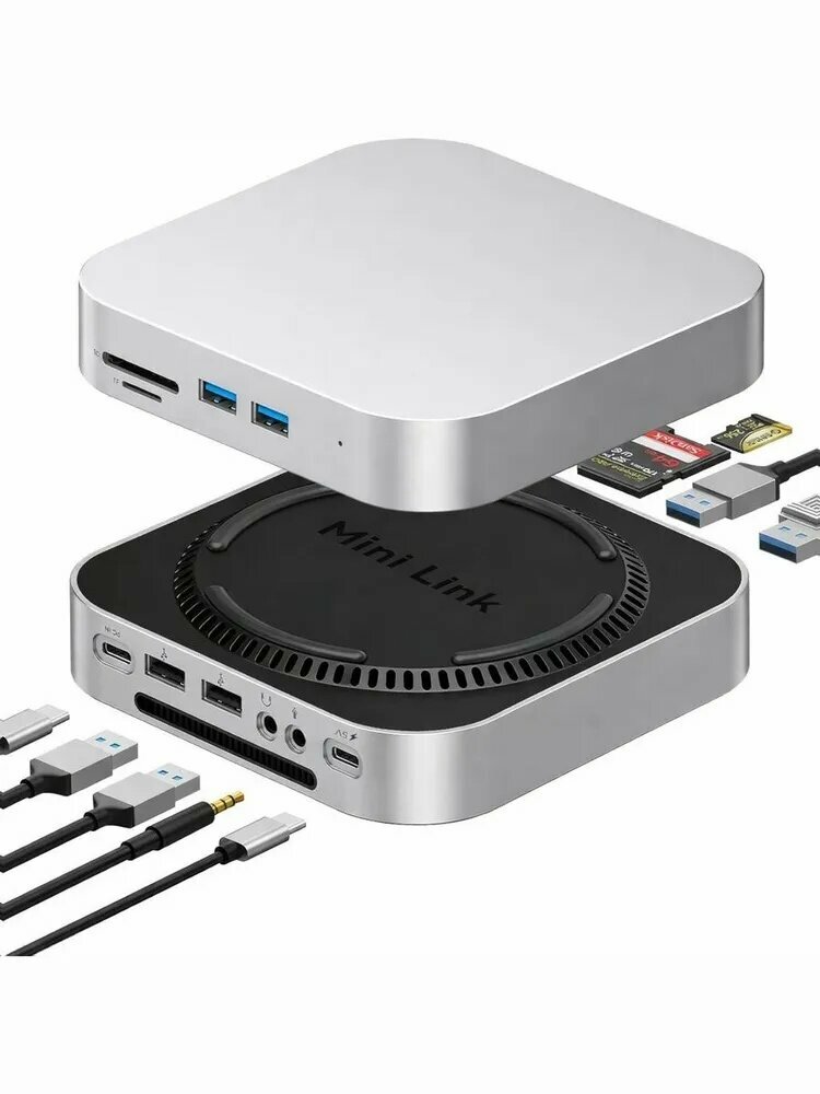 Док-станция MiniLink для Mac mini M4 с портами USB-A 3.20, USB-C 3.0, TF/SD 3.0 и аудиоразъемами 3.5мм