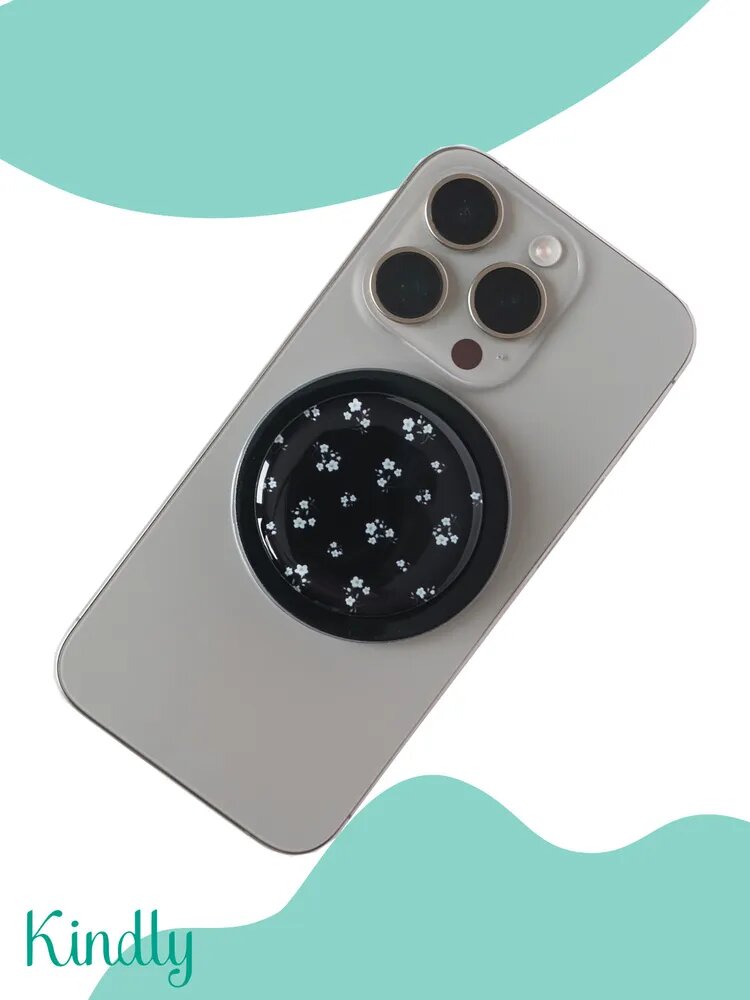 Попсокет MagSafe круглый магнитный, черный с цветочками
