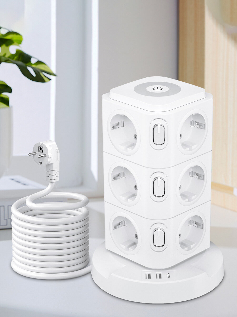 Удлинитель вертикальный настольный 12 EU 3 USB, сенсорный ночник, раздельное управление, кабель 2м, защита от перегрузки