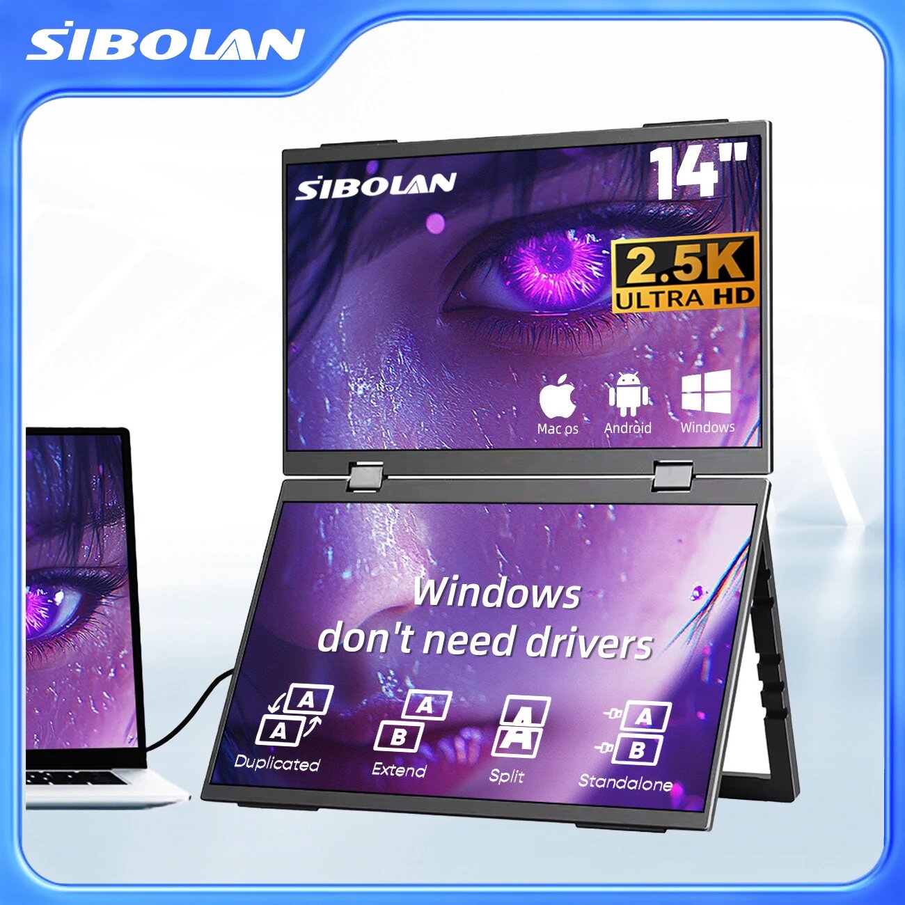 SIBOLAN 14" 2.5K Двухсторонний портативный монитор HDR 2560*1600P 100%sRGB IPS Складной дисплей TYPE-C HDMI VESA для ноутбука, мини-ПК, телефона