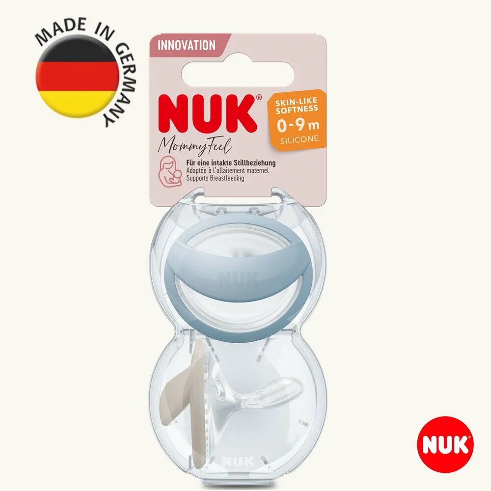NUK MOMMYFEEL Соска пустышка ортодонтическая силиконовая, разм. 1 (для детей с 0 мес.), 2 шт. в контейнере, голубая