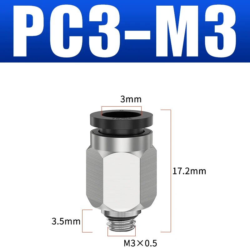 Пневматический фитинг для ПК, медь+пластик, 3/4/5/6 мм, M3*0.5 M5*0.8 M6*1.0 PT1/8", 10Pcs, PC3-M3