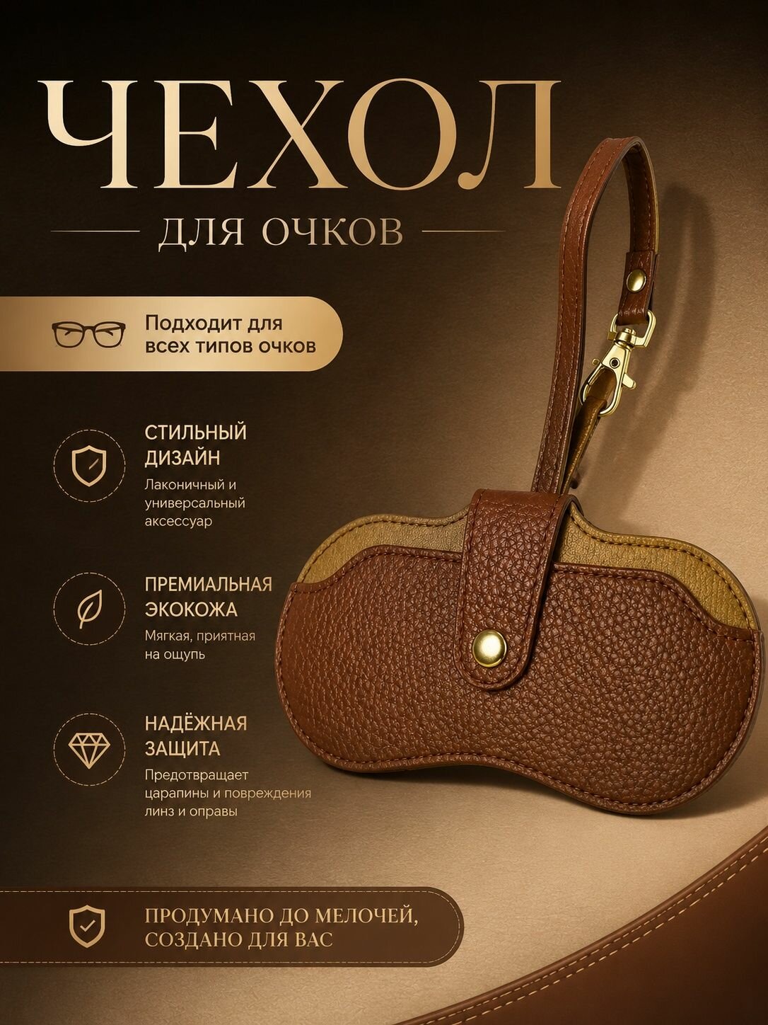 Кожаный чехол для очков с лямкой для крепления к сумке. Материал экокожа, цвет коричневый.