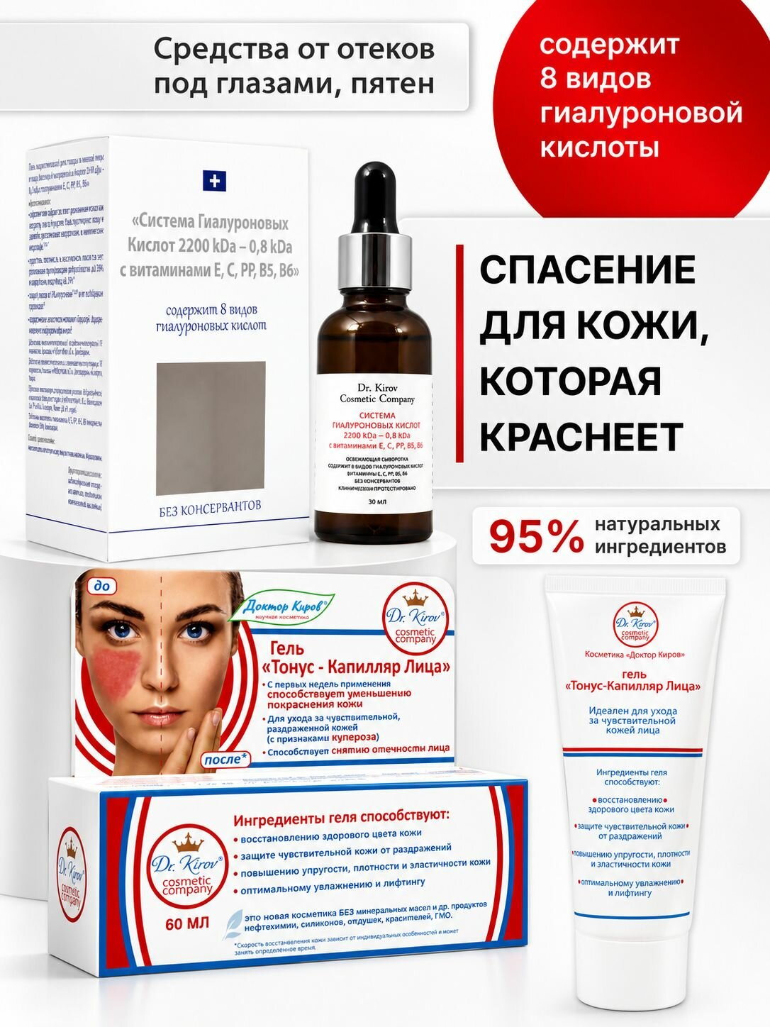 Набор средств от покраснений на лице. Крем-гель для укрепления сосудов + гиалуроновая сыворотка с витаминами /Доктор Киров