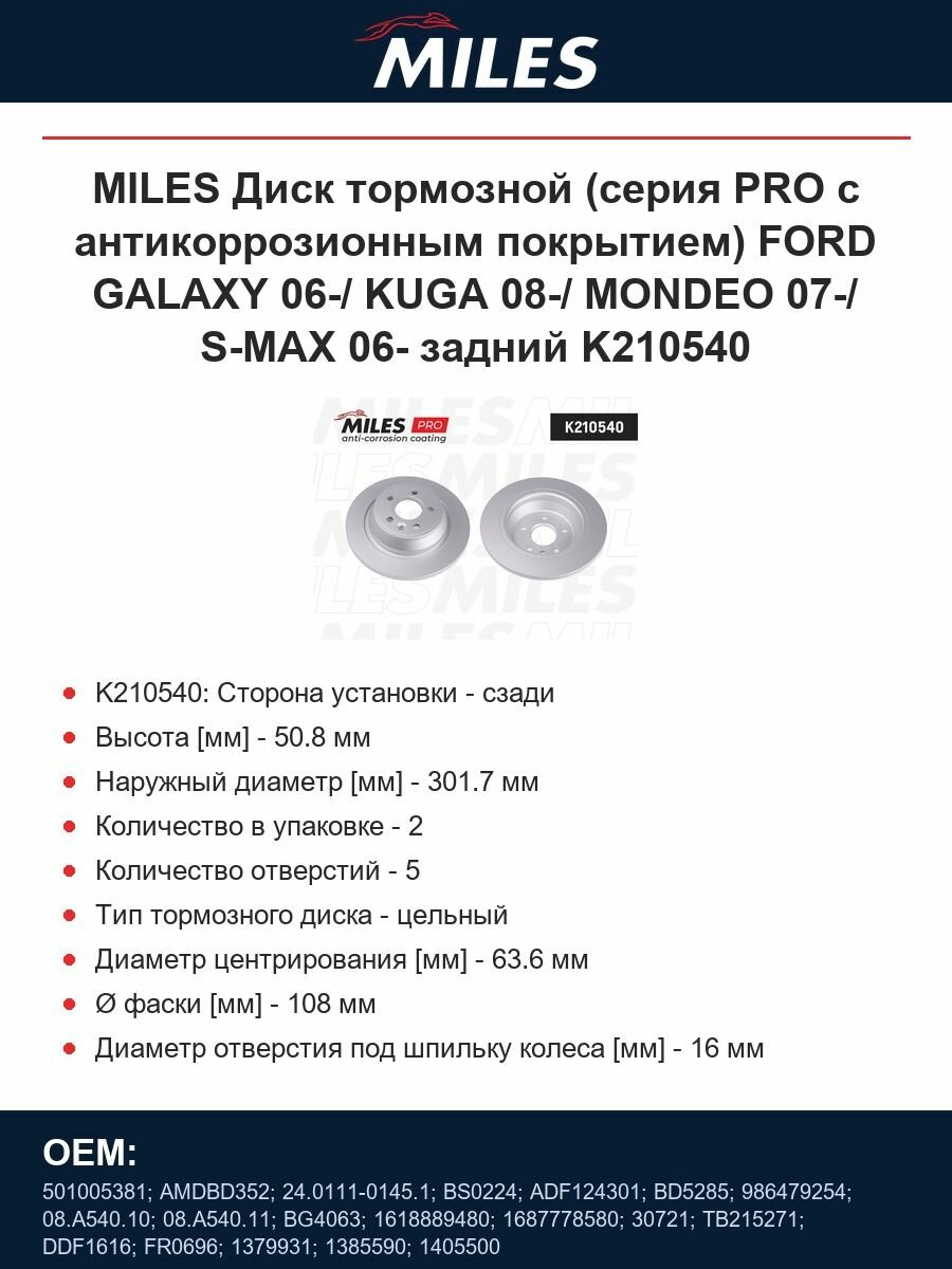 MILES Диск тормозной (серия PRO с антикоррозионным покрытием) FORD GALAXY 06-/ KUGA 08-/ MONDEO 07-/ S-MAX 06- задний K210540