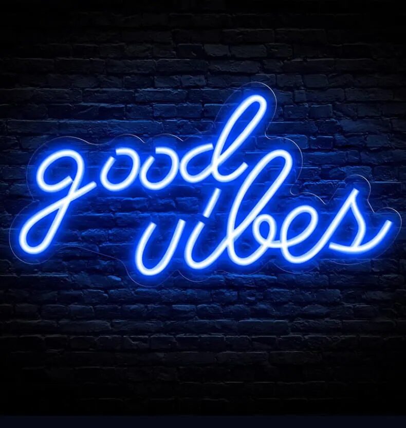 Неоновая светодиодная вывеска на стену, синяя, Good vibes, 450 мм