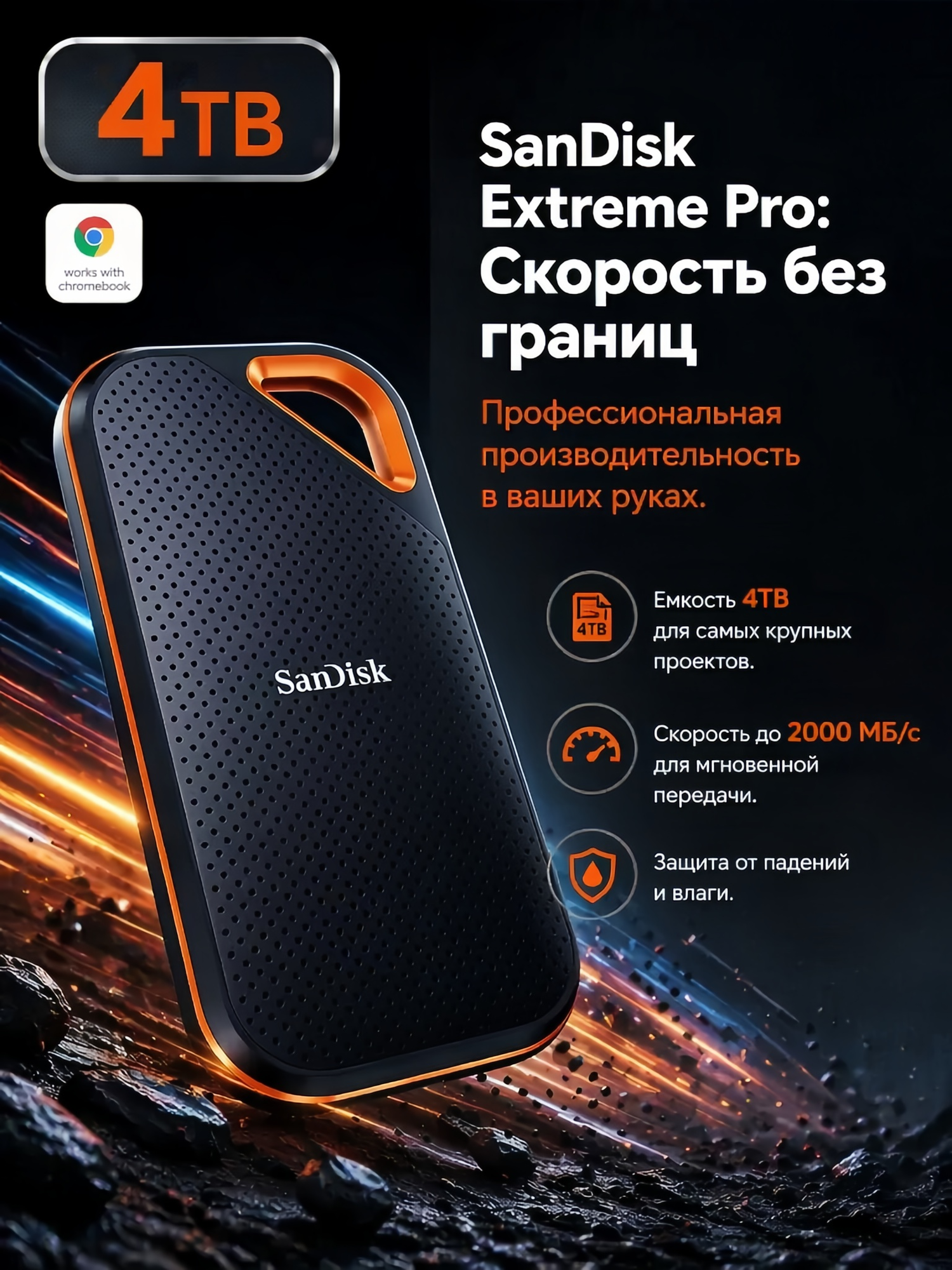 Внешний SSD SanDisk E81 Pro, USB 3.2 Gen2x2, скорость до 2000 МБ/с,4TB
