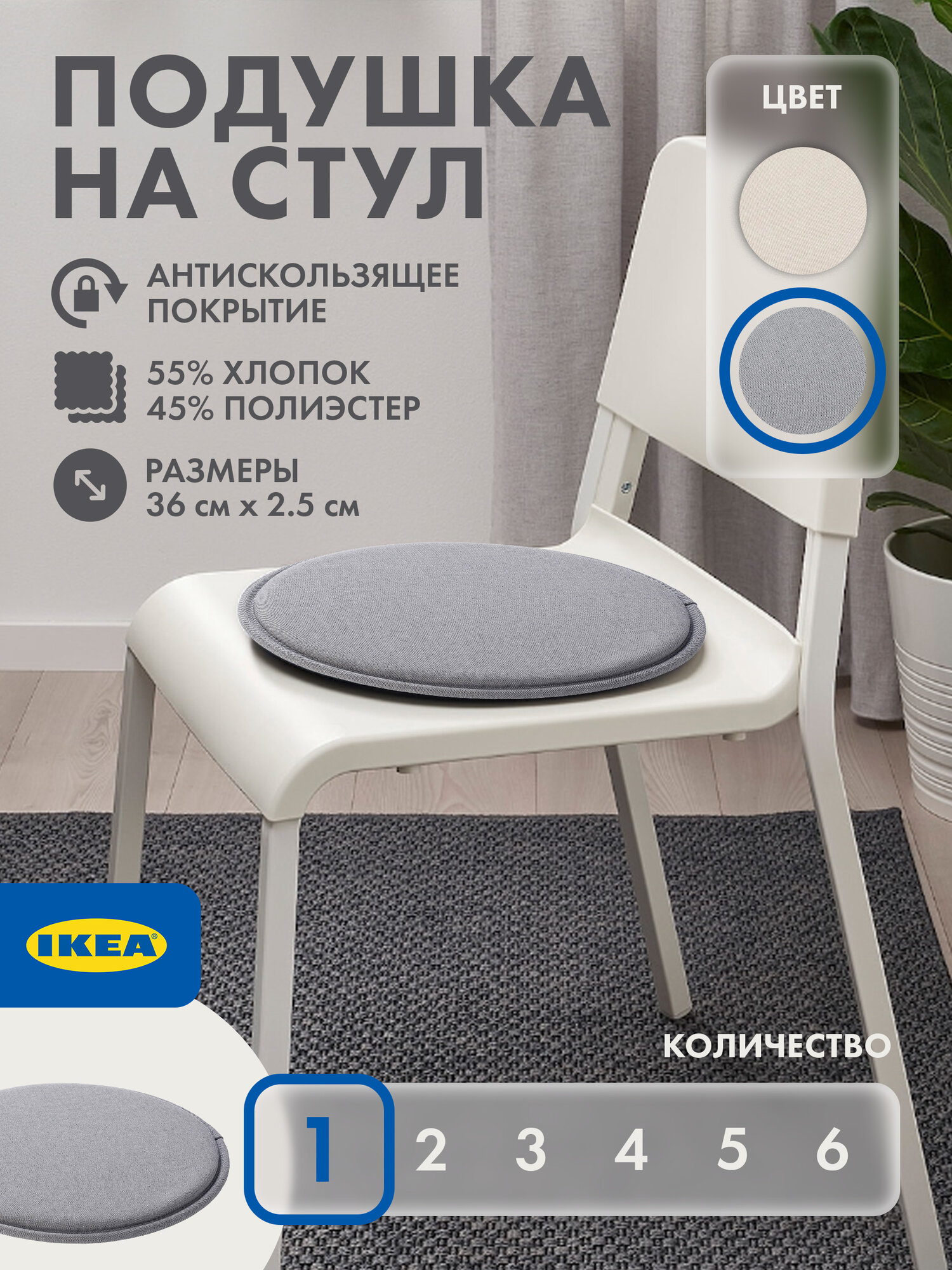 Подушка на стул икеа суннеа (IKEA SUNNEA) 36х2,5 см, серая, 1 штука