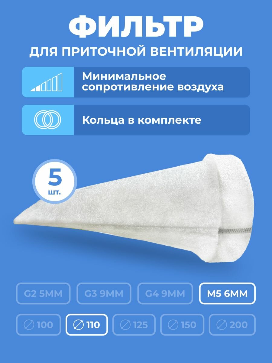 Фильтр канальный M5 110мм для приточной вентиляции в комплекте 5 штук, фильтр для бризера