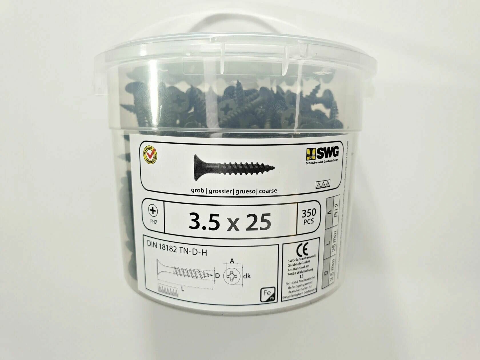 Саморез по гипсокартону DIN 18182 Тип TN-D-H (без бура) 3.5x25 (350 pcs) SWG, Германия