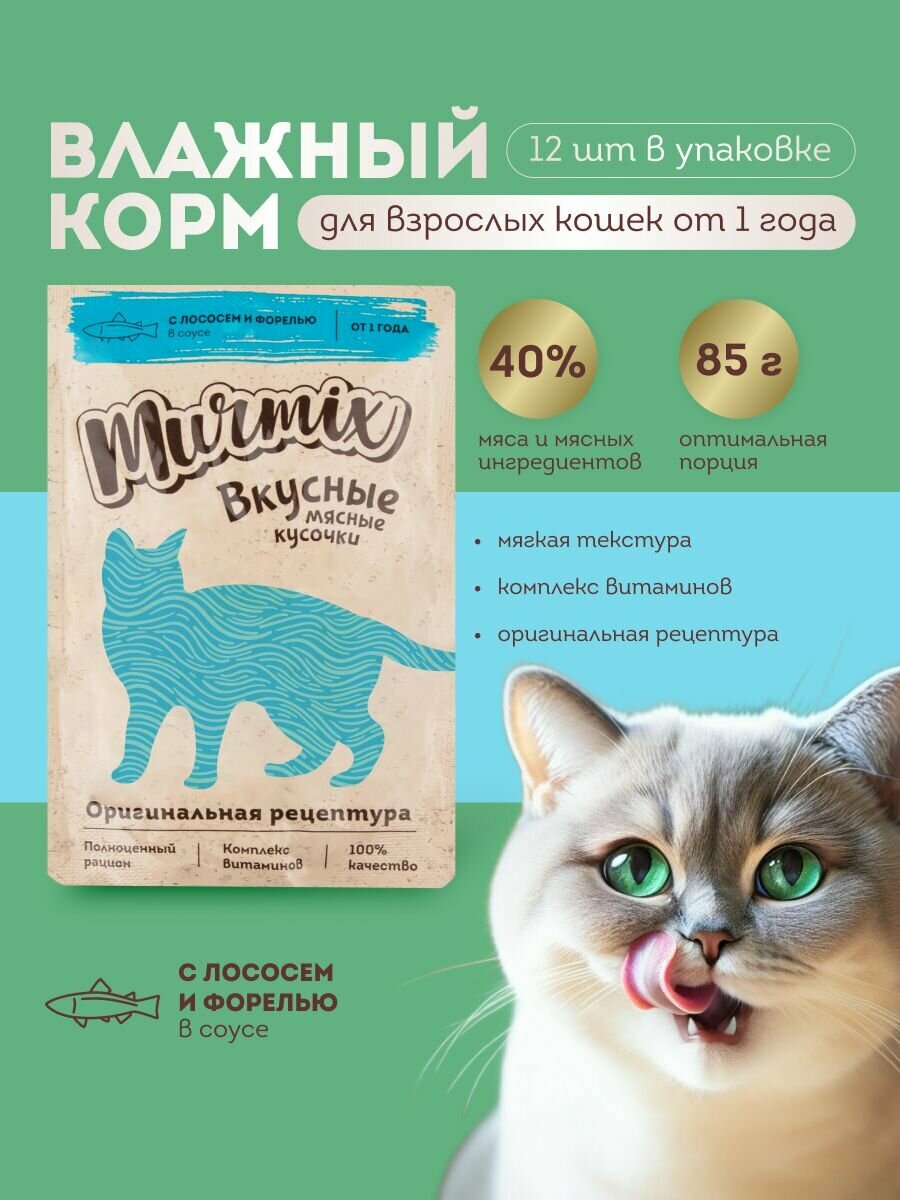 Влажный корм для взрослых кошек Murmix, кусочки лосося с форелью в соусе, 85 гр. * 12 шт.