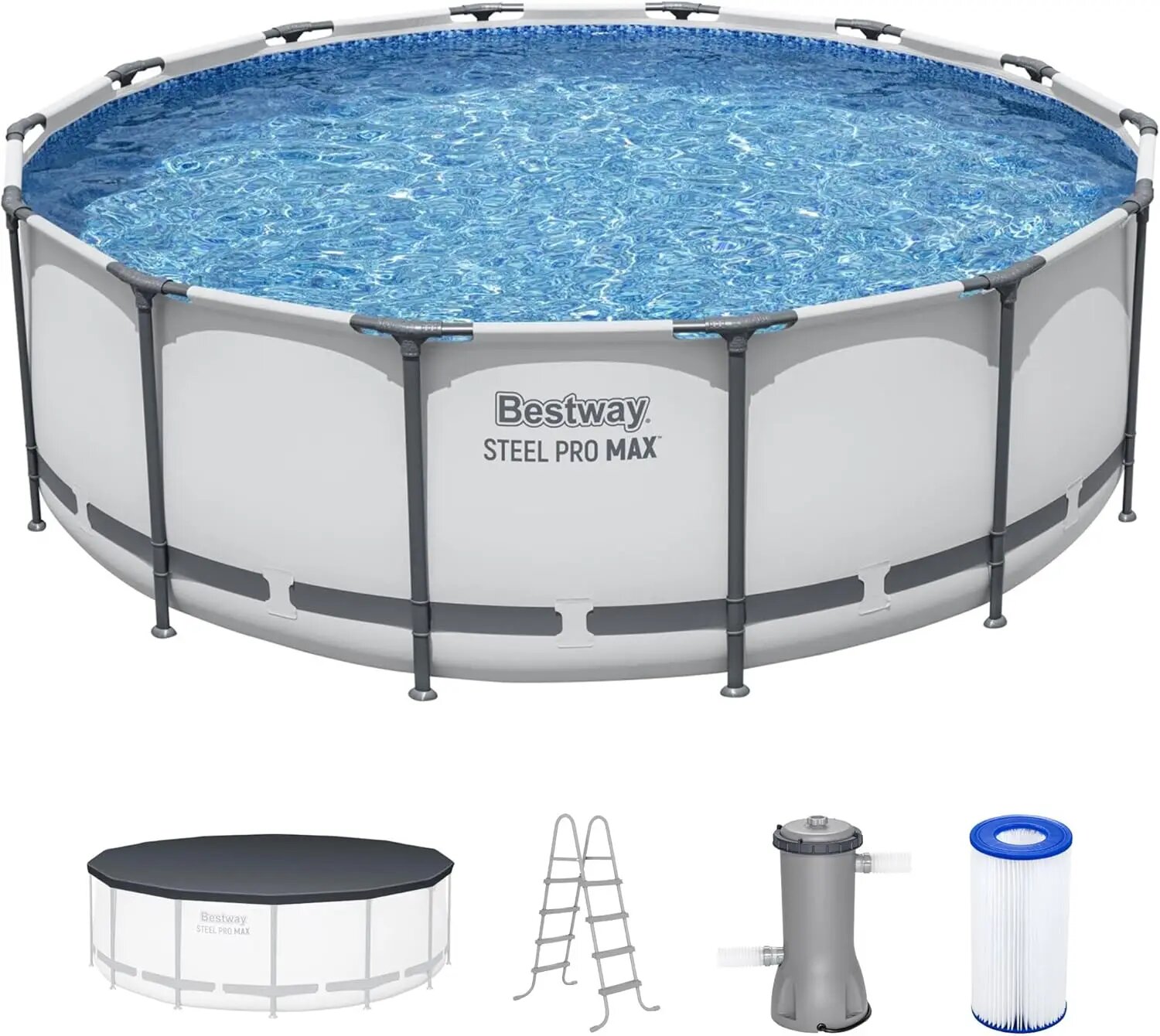 Бассейн для открытого воздуха Bestway Steel Pro MAX 14' x 48" с металлическим каркасом, круглый набор бассейна с фильтрующим насосом, лестницей
