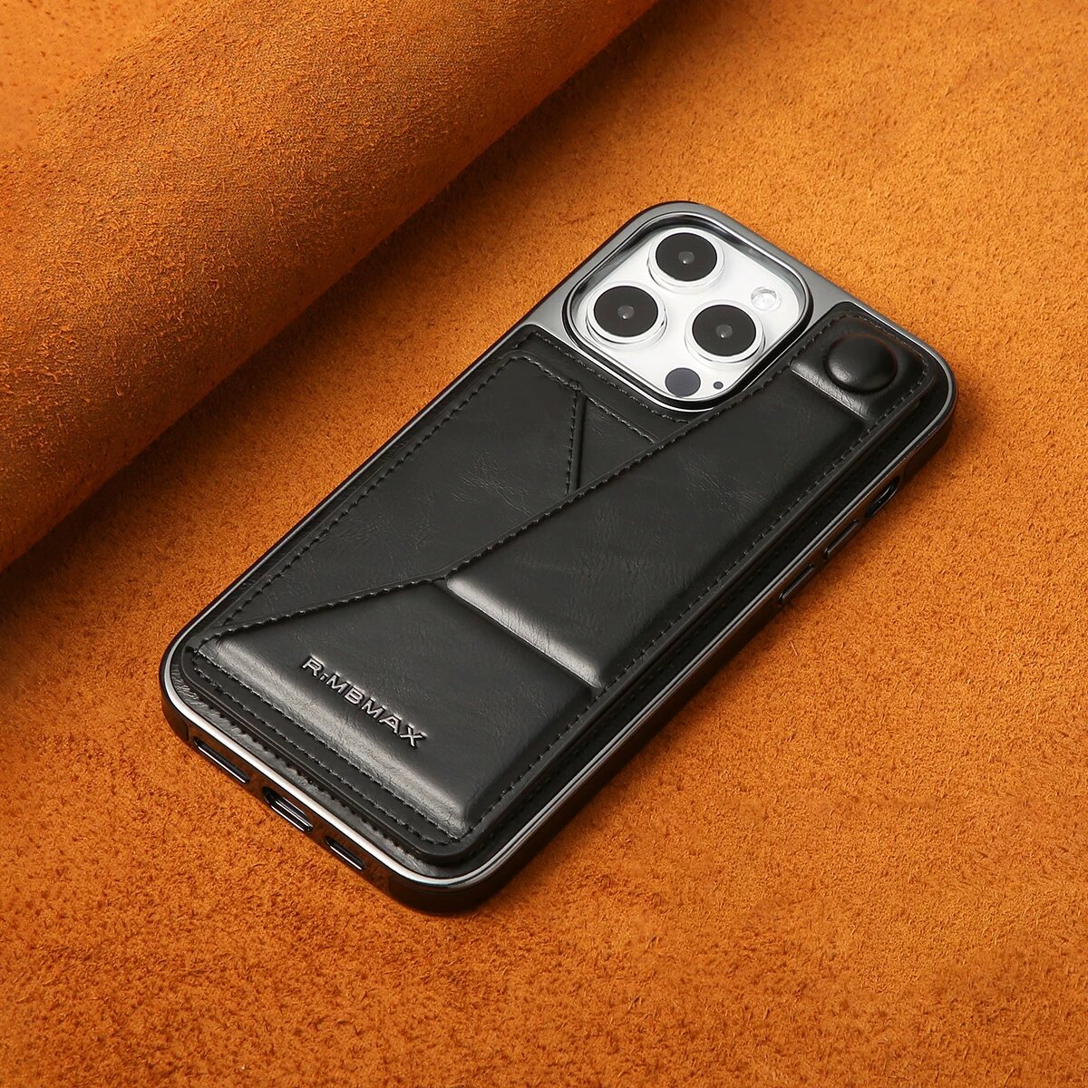 Чехол из премиум кожи для iPhone 16 Pro Max с подставкой, черный, полная защита, против царапин, ударопрочный для Apple