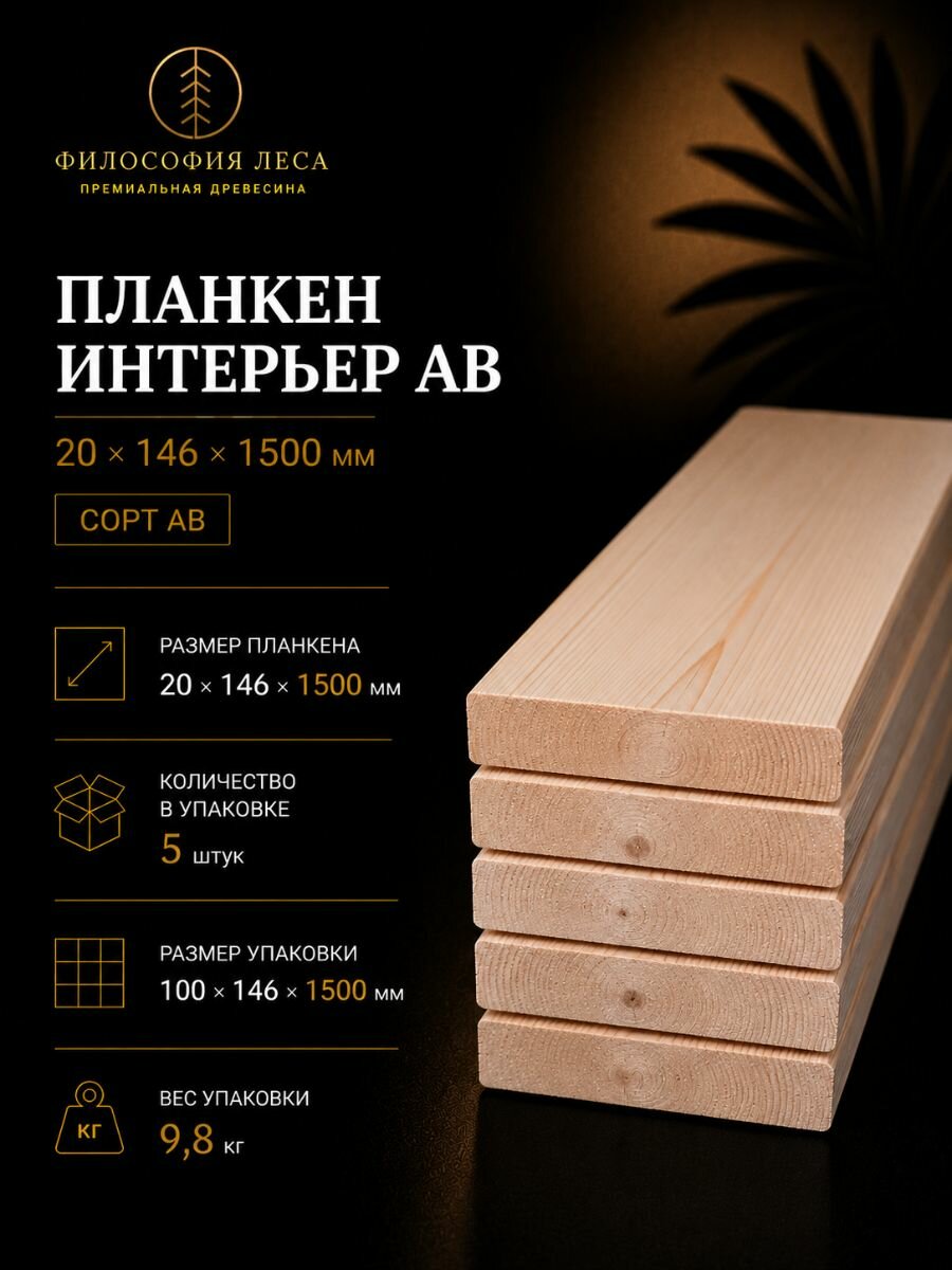 Планкен интерьерный, сорт АВ, 20х146х1500, 5шт, хвойных пород