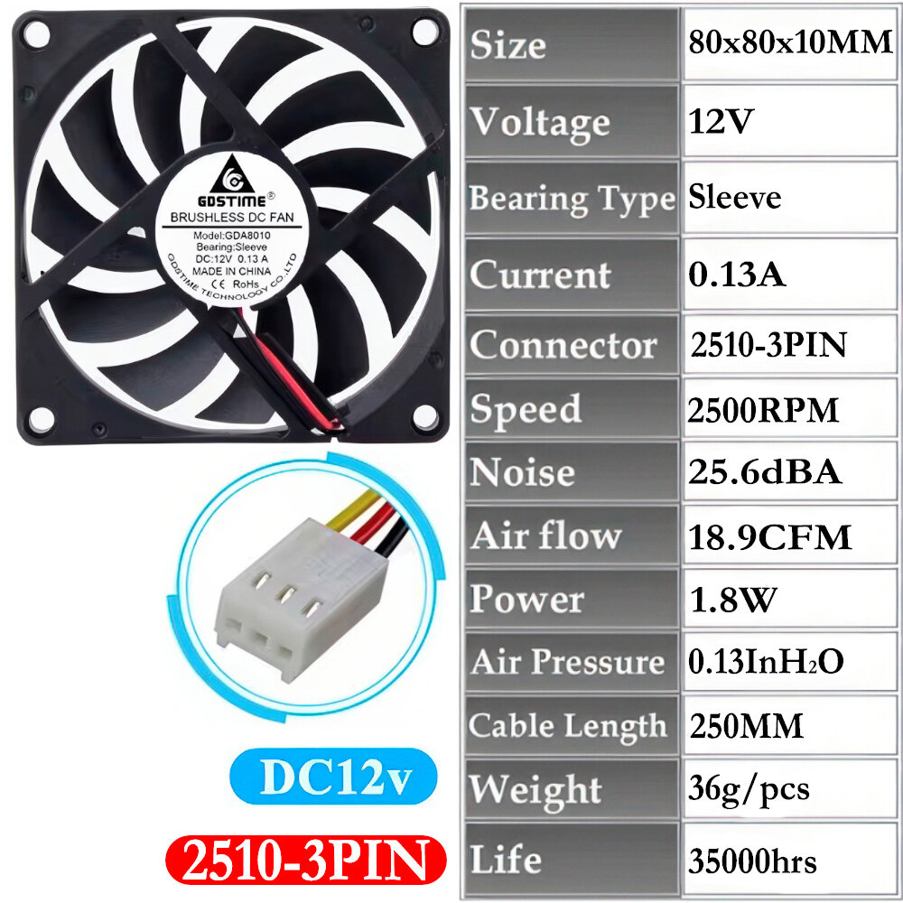 Вентилятор Gdstime DC12V 80x80x10, GDA8010, 2510-3PIN, Sleeve,1 шт.