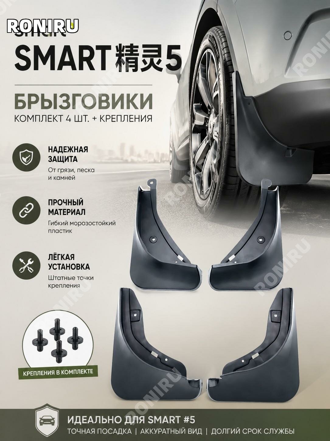 Брызговик для Smart Elf5, пластиковая накладка на колесную зону с4 клипсами для защиты кузова от грязи