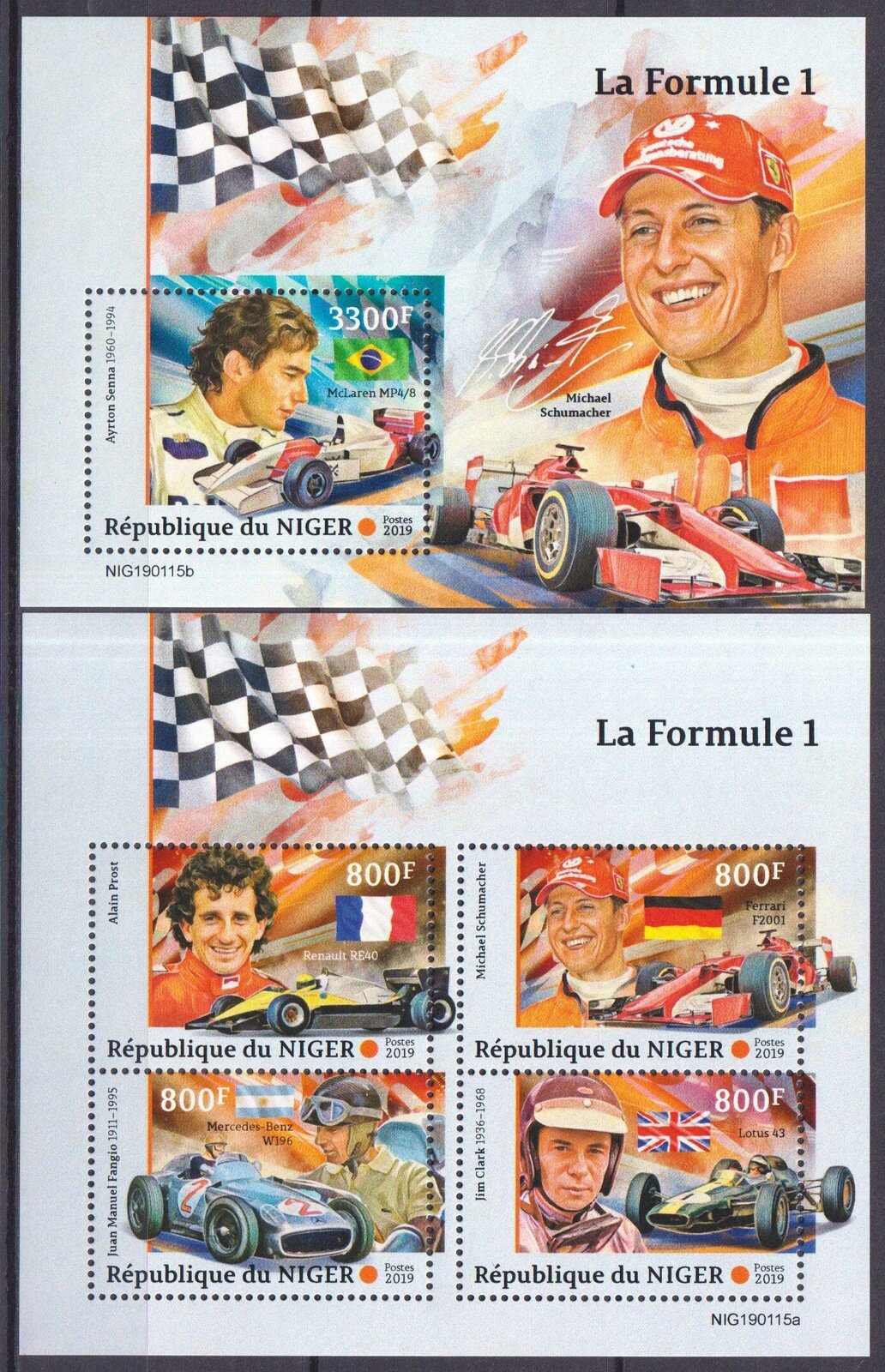 Марки 2019 год Нигер Формула-1 F1 Шумахер Сенна Фанхио #6281-6284+Bl953 Mnh