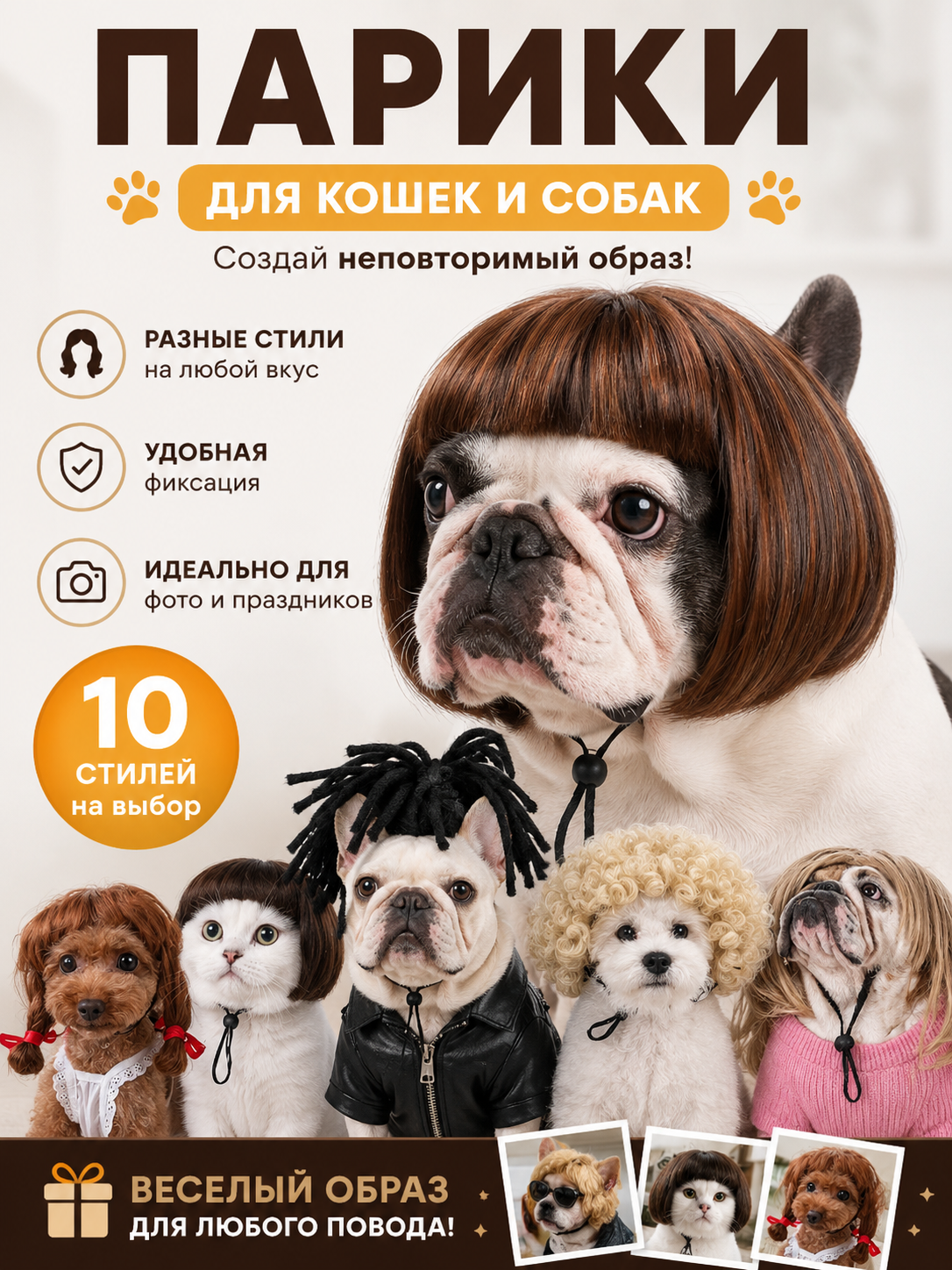 Парики для кошек и собак разных стилей: кудрявые, прямые, дреды, забавный аксессуар на Хэллоуин, фотосессий и праздников