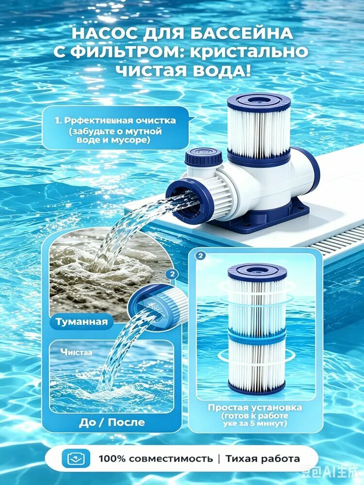 Насос для бассейна с фильтром, электрический очиститель, для каркасных и надувных бассейнов на даче