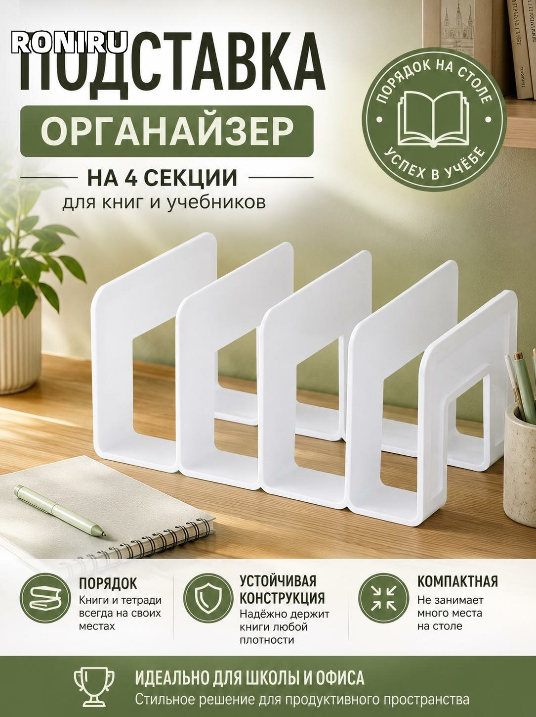 Подставка-органайзер 4 секции для книг и учебников — компактная вертикальная настольная полка для школы и офиса