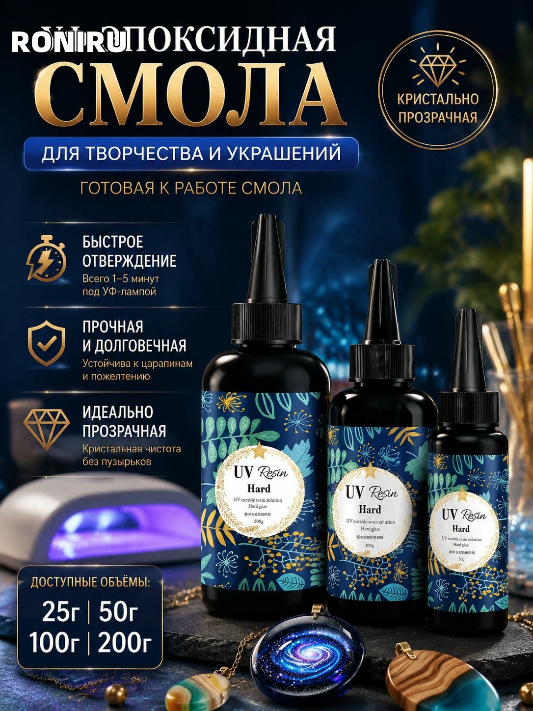 УФ-эпоксидная смола для творчества и украшений — готовая UV-смола, быстро отверждается, кристально прозрачная!