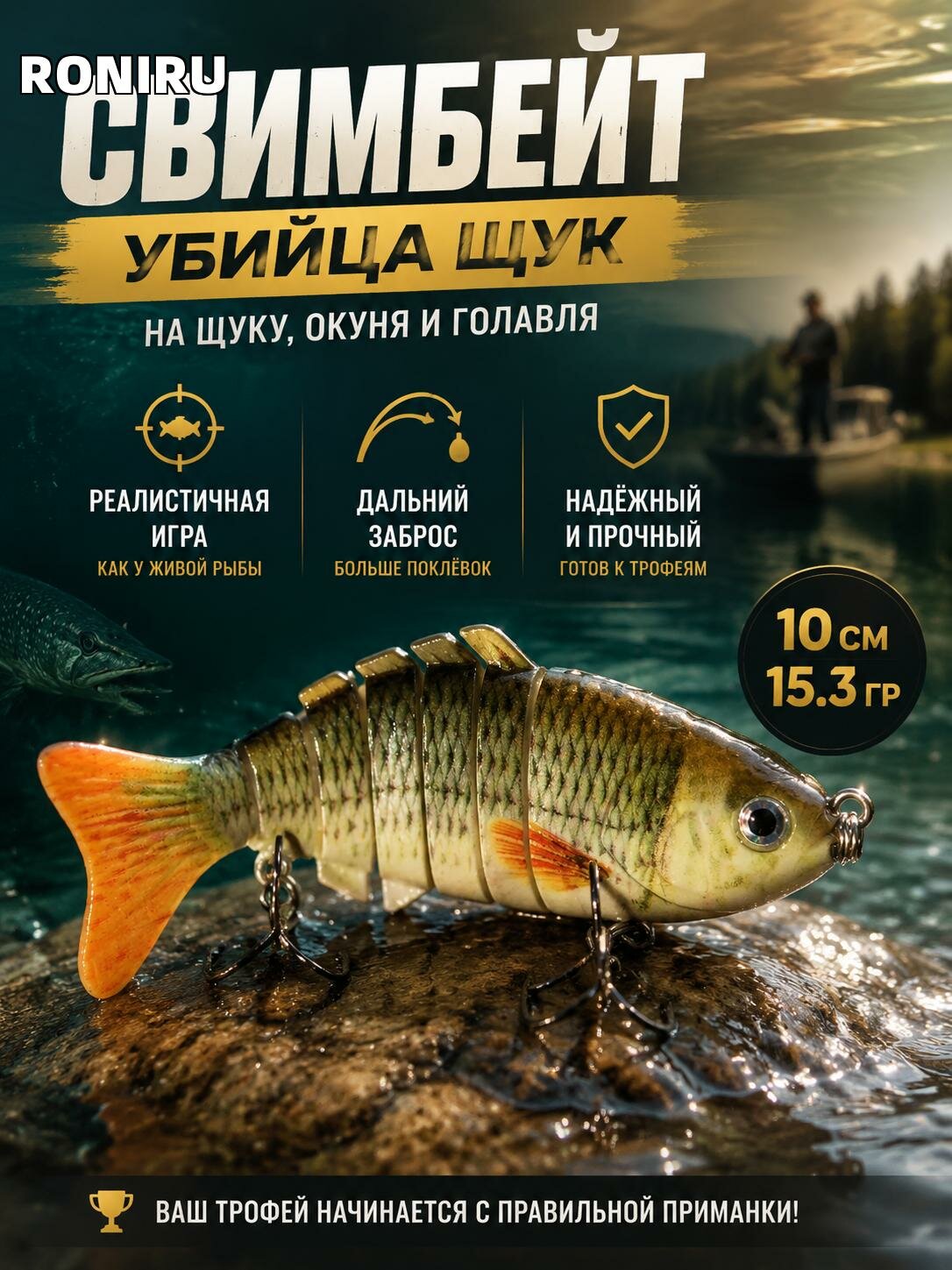 Воблер-свимбейт для ловли щуки, окуня и голавля — реалистичная приманка с игрой живой рыбы и дальним забросом - улов