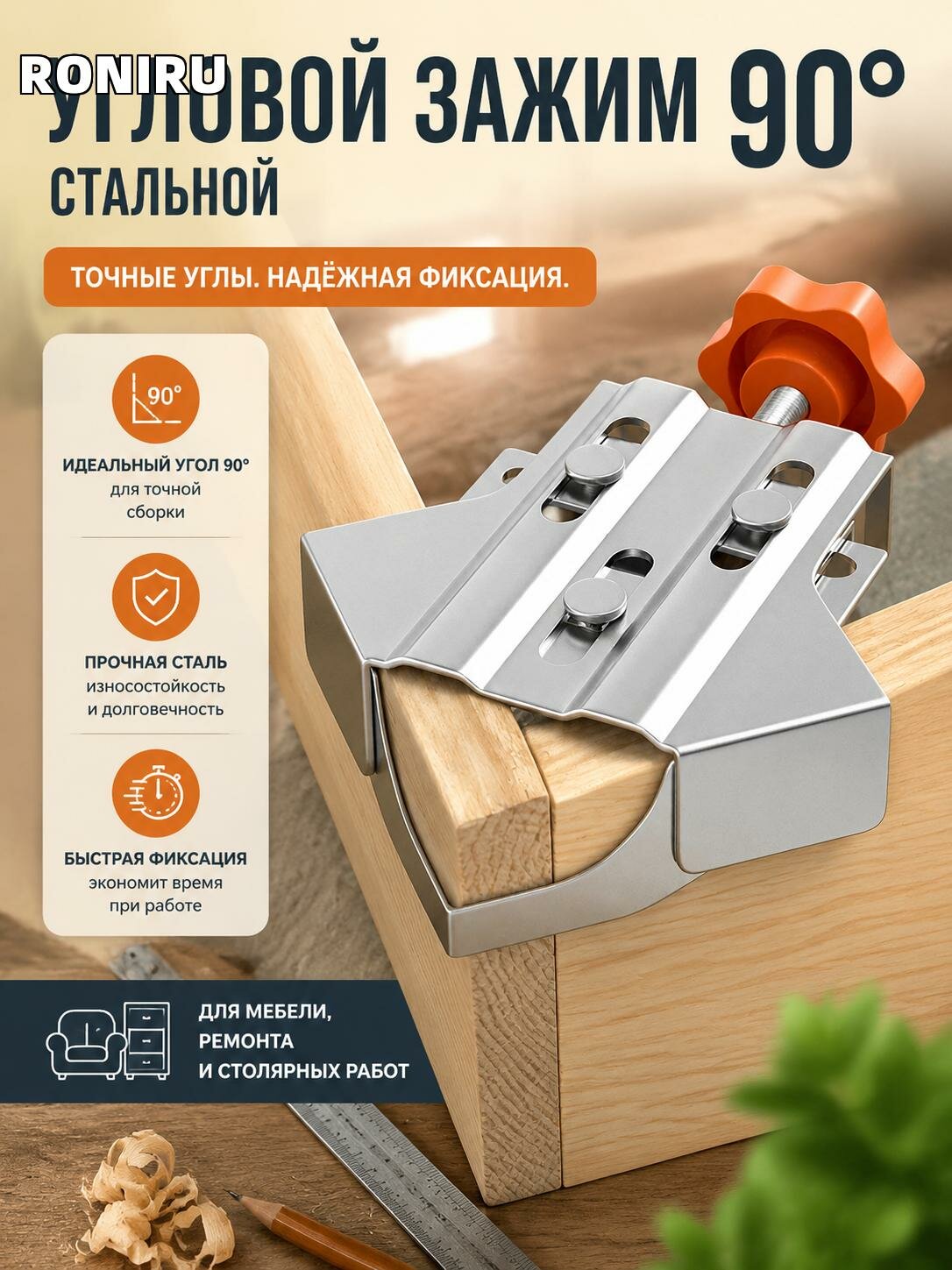 Угловой зажим 90° стальной — струбцина для быстрого сращивания досок, фиксации углов при сборке мебели и ремонте