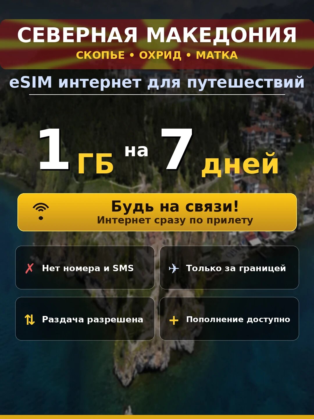 ESIM Северная Македония — мобильный интернет 1 ГБ на 7 дней | виртуальная SIM-карта для путешествий