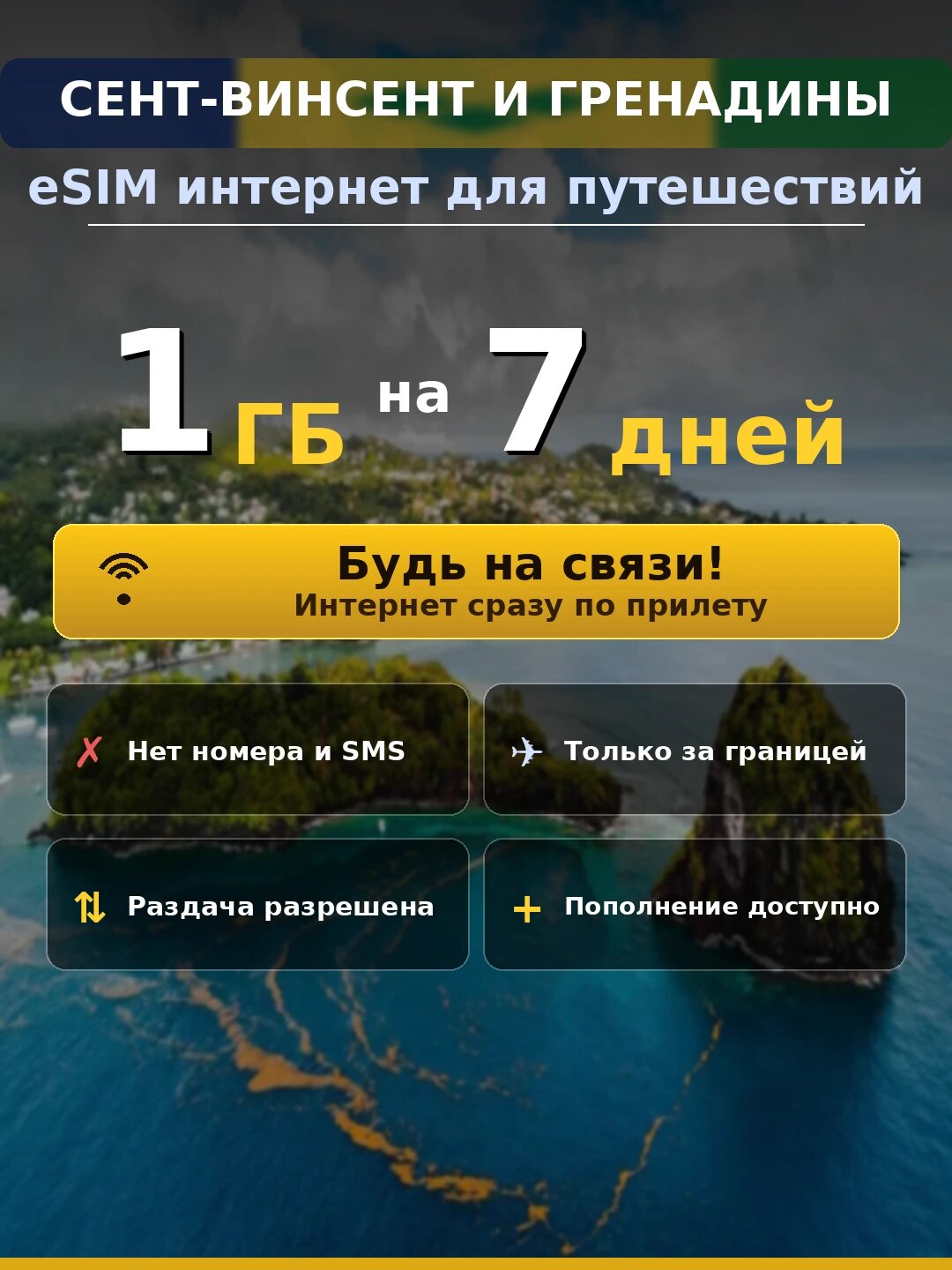 ESIM Сент-Винсент и Гренадины — мобильный интернет 1 ГБ на 7 дней