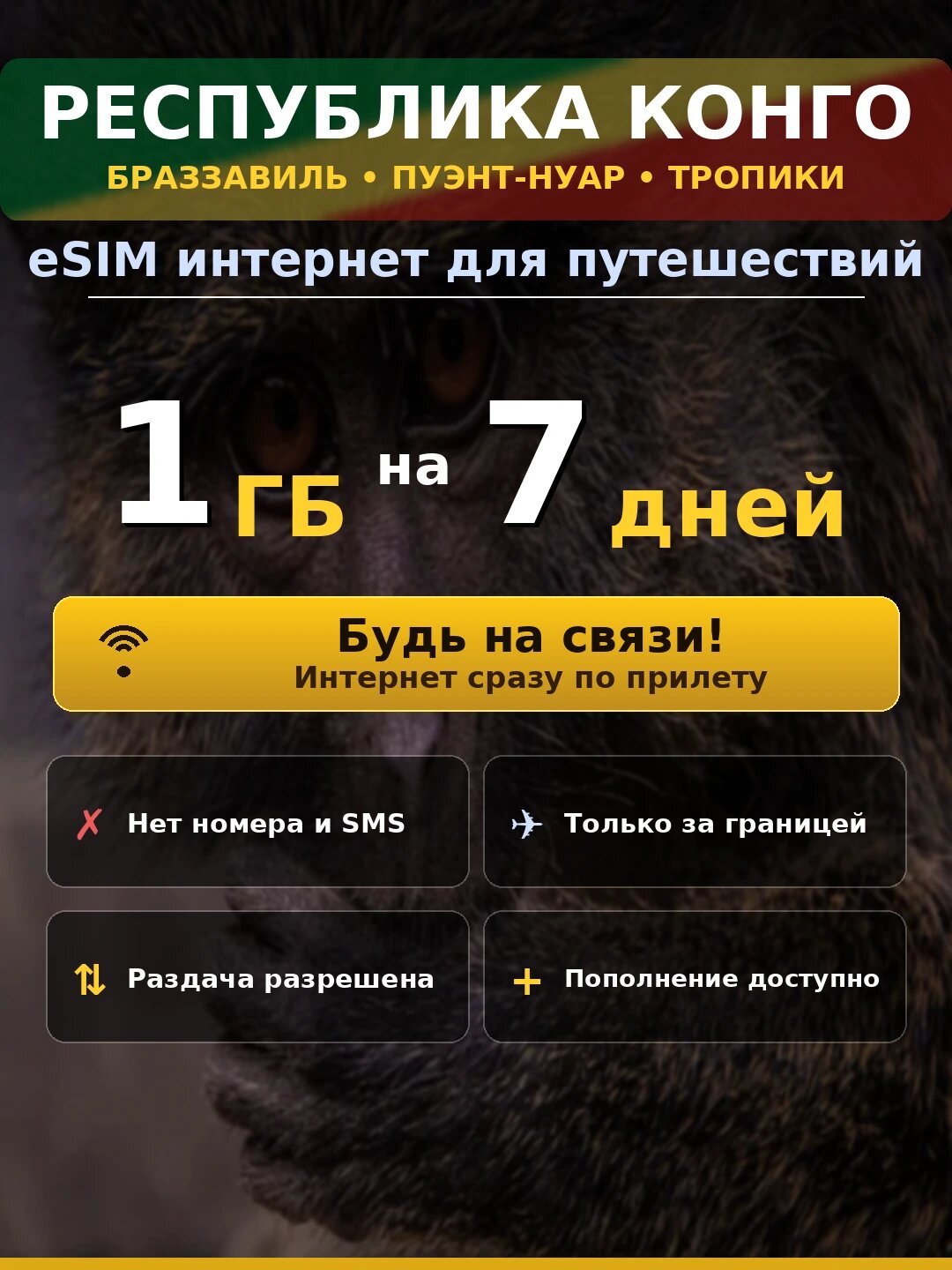 ESIM Республика Конго — мобильный интернет 1 ГБ на 7 дней | виртуальная SIM-карта для путешествий