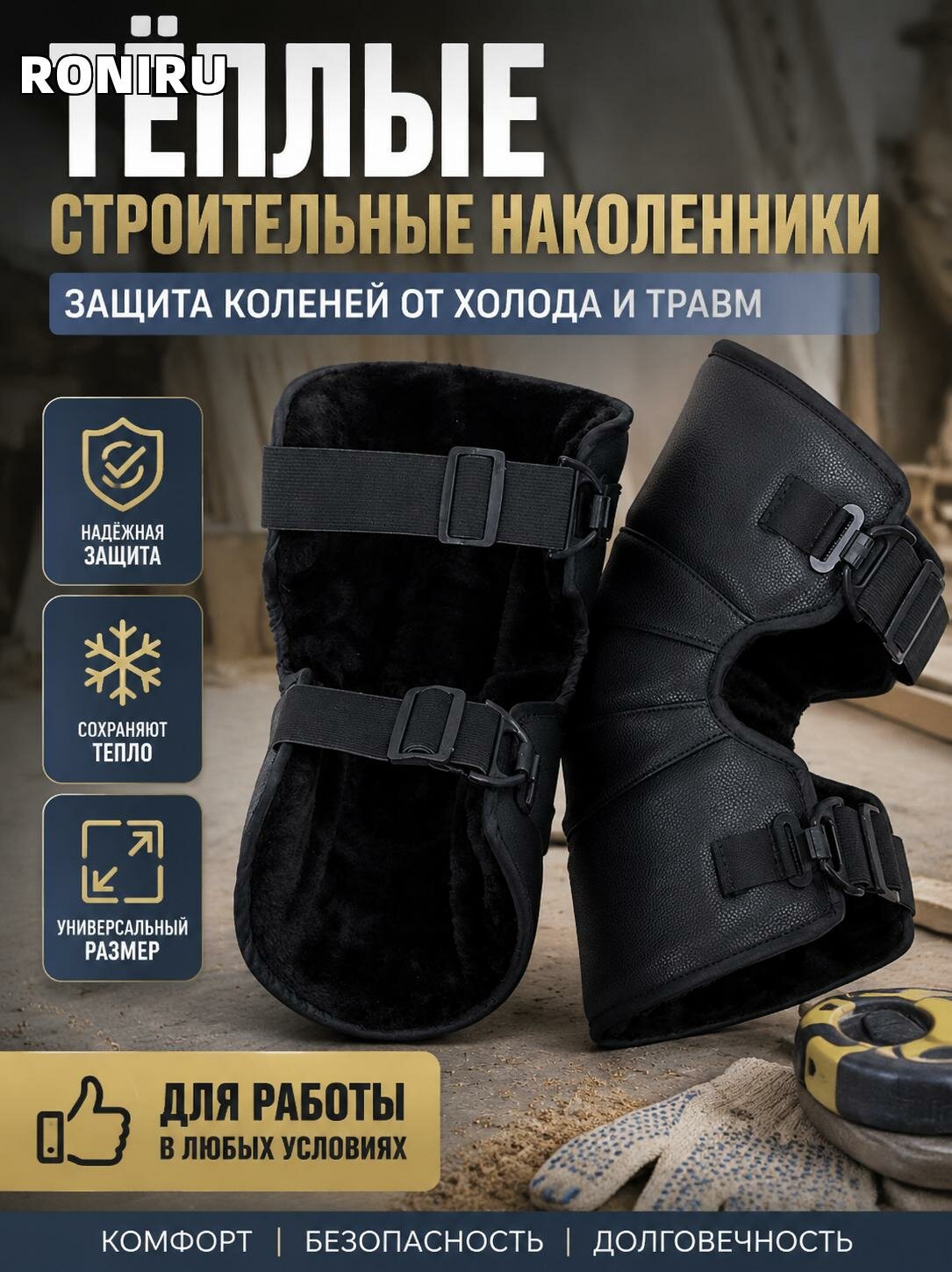 Тёплые строительные наколенники с искусственной шерстью — защита коленей от холода и травм, универсальный размер