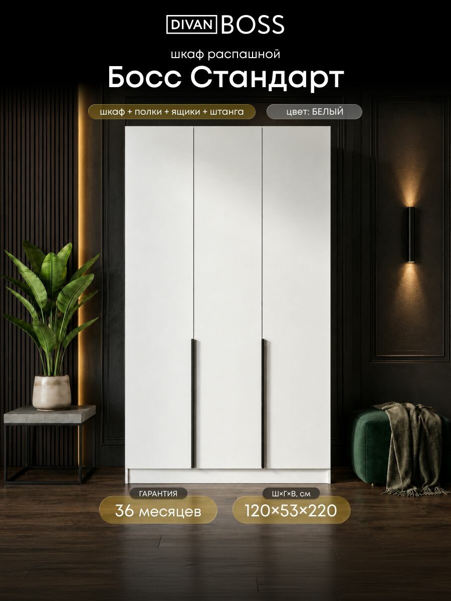Шкаф распашной, Босс Стандарт, 120х53х220 см, 3х дверный с ящиками, белый