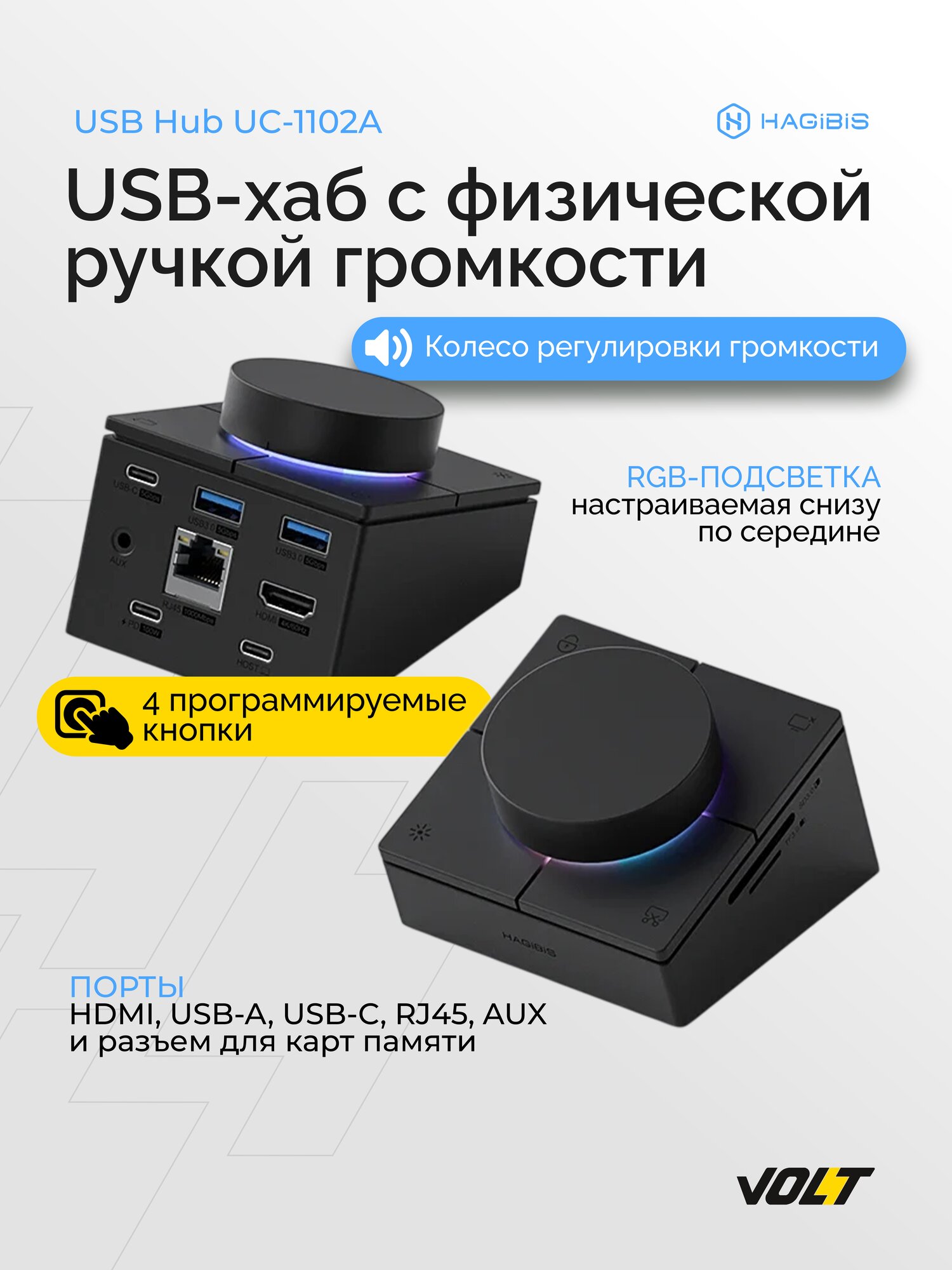 USB-концентратор Hagibis Knob USB-C Hub UC-1102A Black / Многофункциональная док-станция с кнопкой быстрого доступа / Регулятор громкости / RGB-подсветка