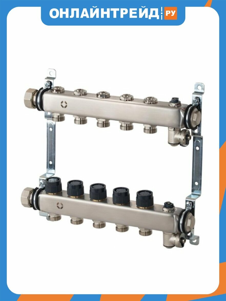 Коллектор Oventrop Multidis SHR, 5 выходов, 1"x 3/4" ЕК, PN 10, с регулирующими вентильными вставками