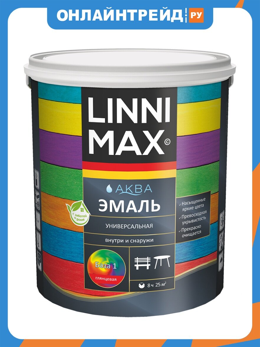Эмаль универсальная Linnimax Аква, акриловая, глянцевая, база 1, белая, 2,5 л