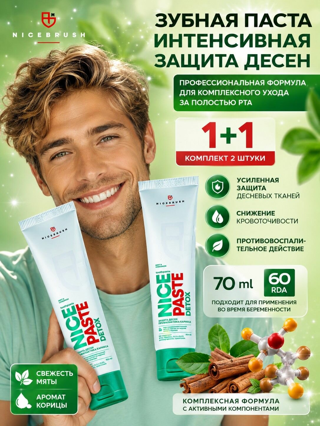 Профессиональная зубная паста для чувствительных зубов и десен NICE PASTE DETOX / противовоспалительная, снижение чувствительности зубов, от кариеса, без фтора набор паст 2*70мл.