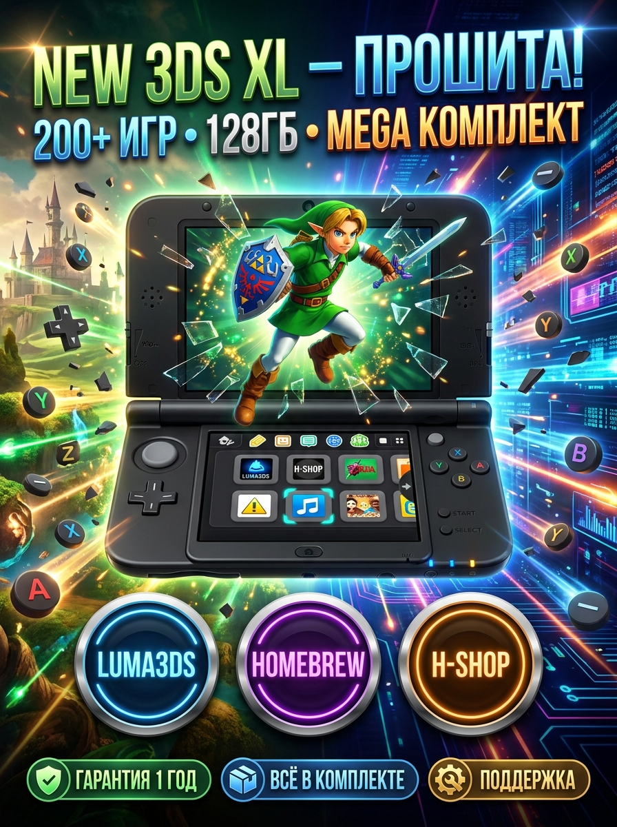 New Nintеndо 3DS Black Metallic XL 128Gb,200 Игр,Мега комплект в коробке