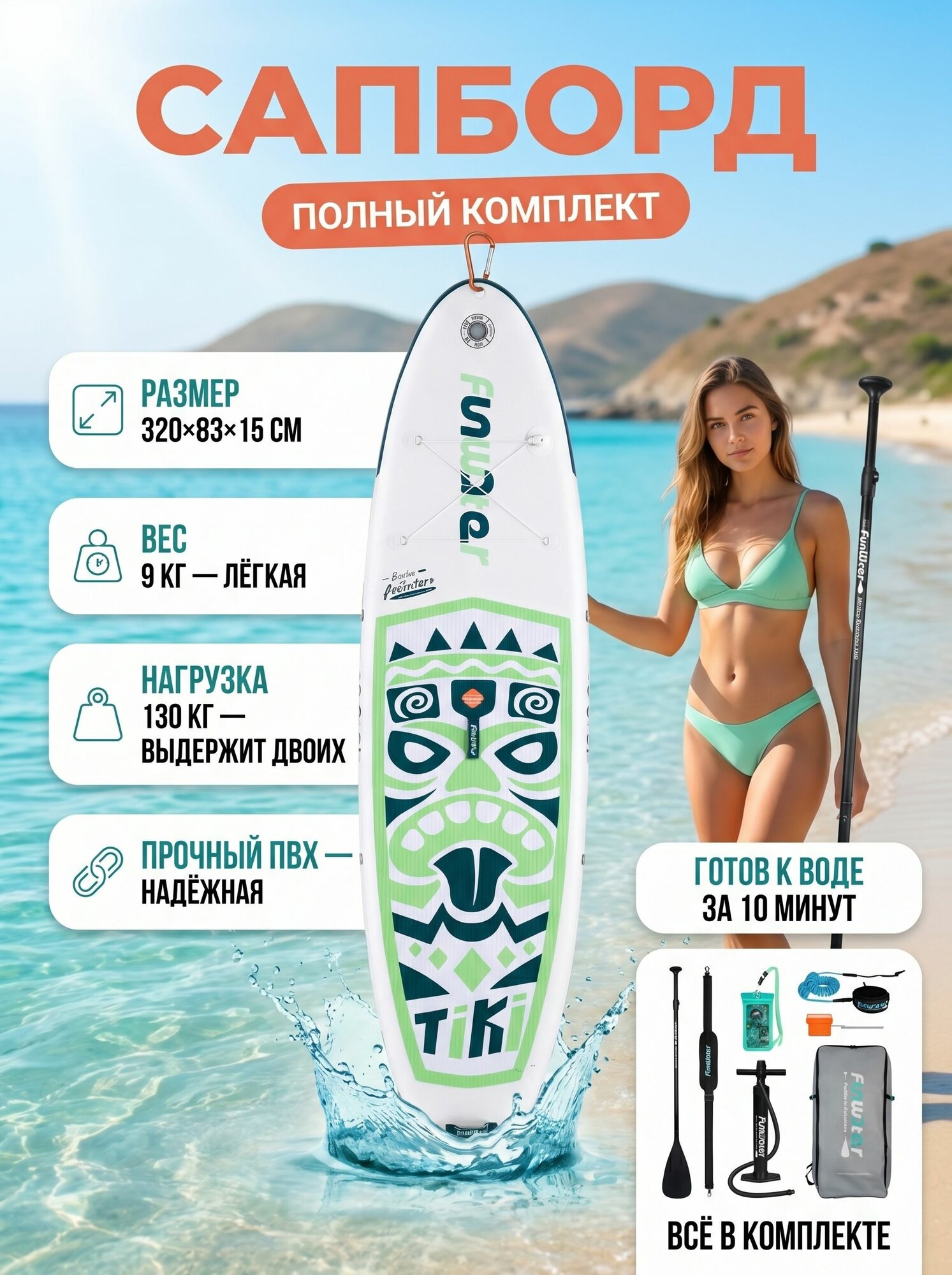 Сапборд надувной, с веслом и насосом, для сапсерфинга, 320х83х15 см, до 130 кг, бирюзово-серый