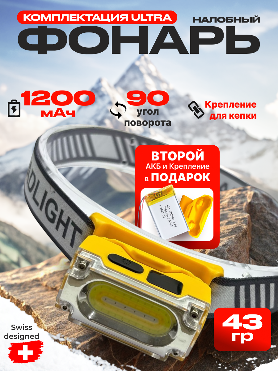 Фонарь налобный аккумуляторный мощный. Портативный. Крепление для одежды и кепки. Магнит. Цифровой индикатор заряда.