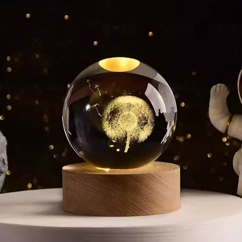 3D-лампа Хрустальный шар Одуванчик 6 см с деревянной подставкой, теплый свет, питание USB